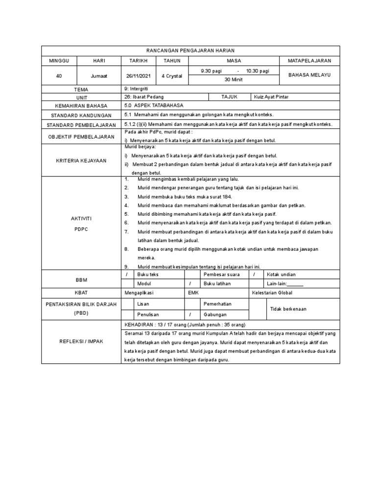 Contoh RPH BM Tahun 4 | PDF