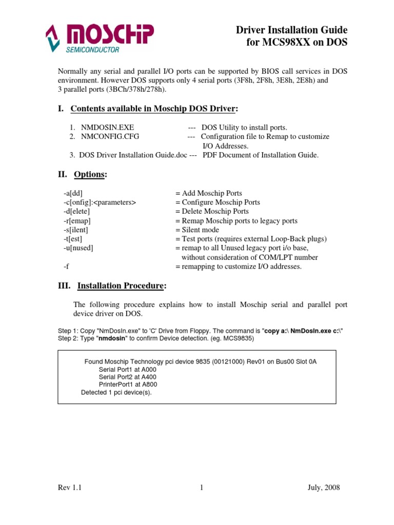 MCS98xx - DOS Driver Installation Guide | PDF | Dos | Device Driver