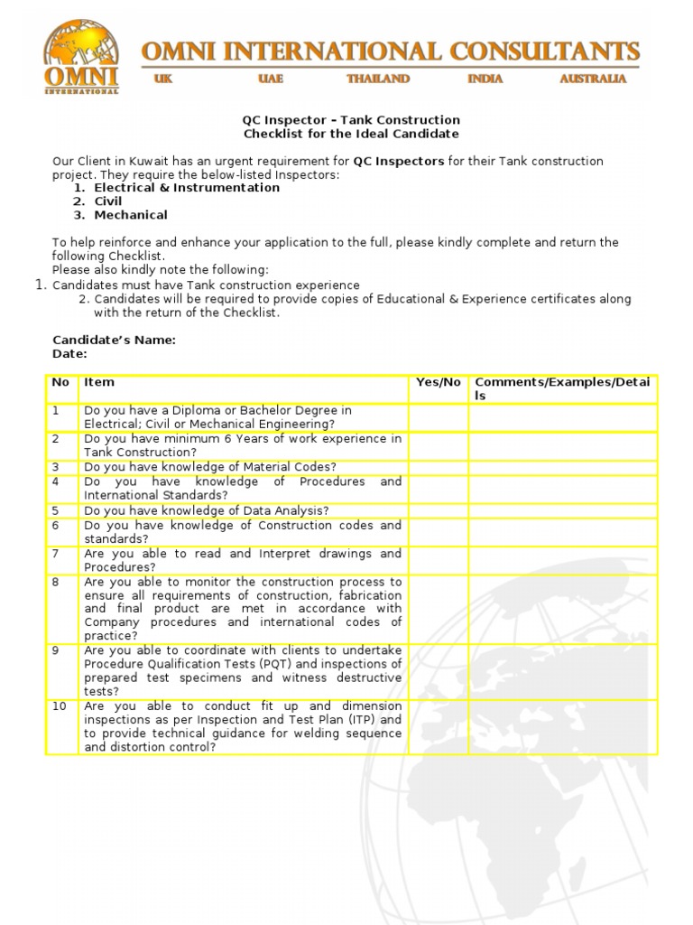 QC Inspector Checklist for Tank Construction | PDF