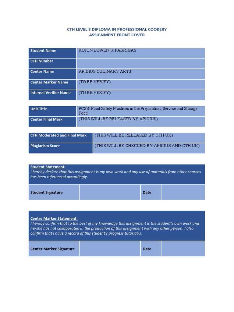 CTH Assignment | PDF | Foods | Food Safety