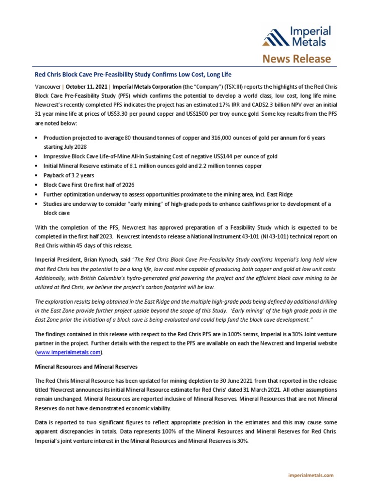 News Release: Red Chris Block Cave Pre-Feasibility Study Confirms Low ...