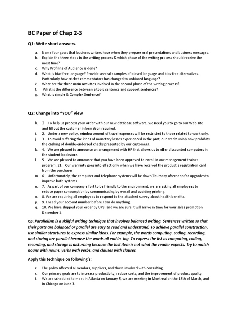 BC Paper of Chap 2-3: Q1: Write Short Answers | PDF