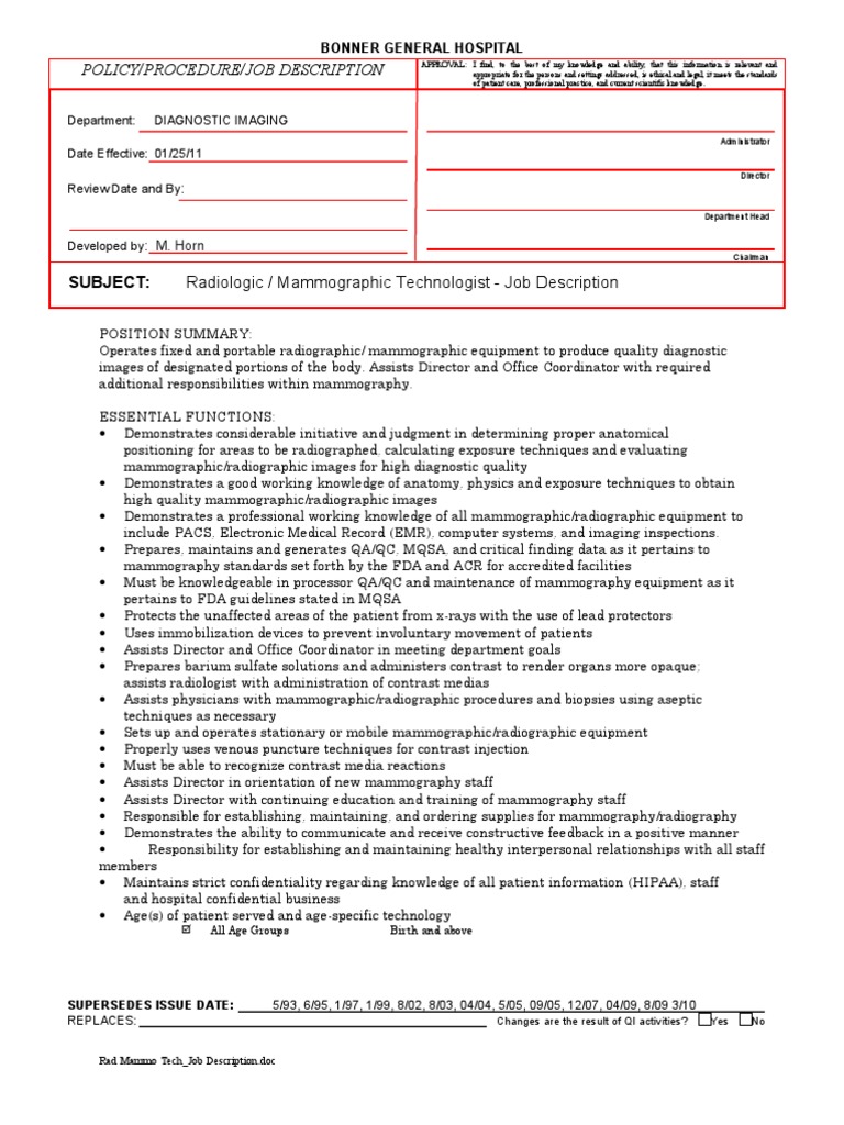 Rad Mammo Tech - Job Description | PDF | Radiography | Mammography