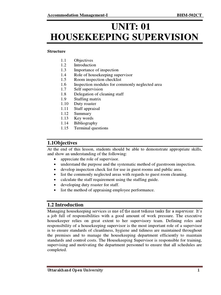 UNIT: 01 Housekeeping Supervision | PDF | Performance Appraisal ...