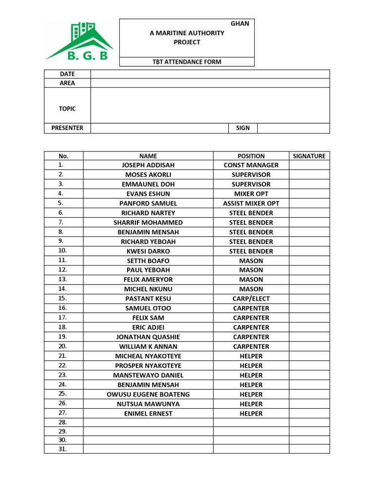 TBT Attendance Form Template | PDF