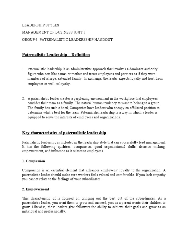 Paternalistic Leadership Style Handout | PDF | Leadership | Decision Making