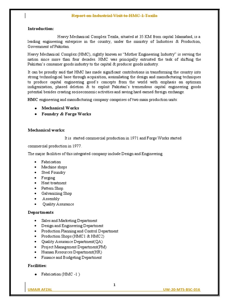 Report On Industrial Visit To HMC-1 Taxila: Mechanical Works Foundry ...