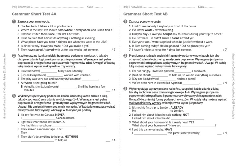 (Unit 4) Short Gram Tests (A - B) | PDF