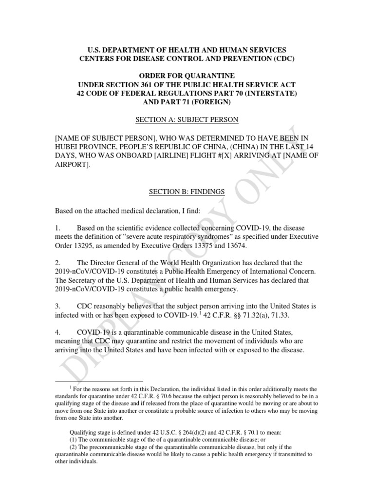 CDC - Order For Quarantine Under Section 361 of The Public Health ...