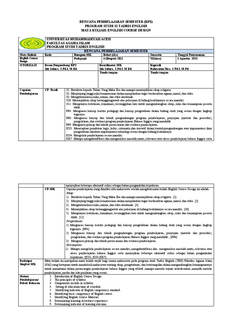 RPS English Course Design Lisa | PDF | Karier & Perkembangan