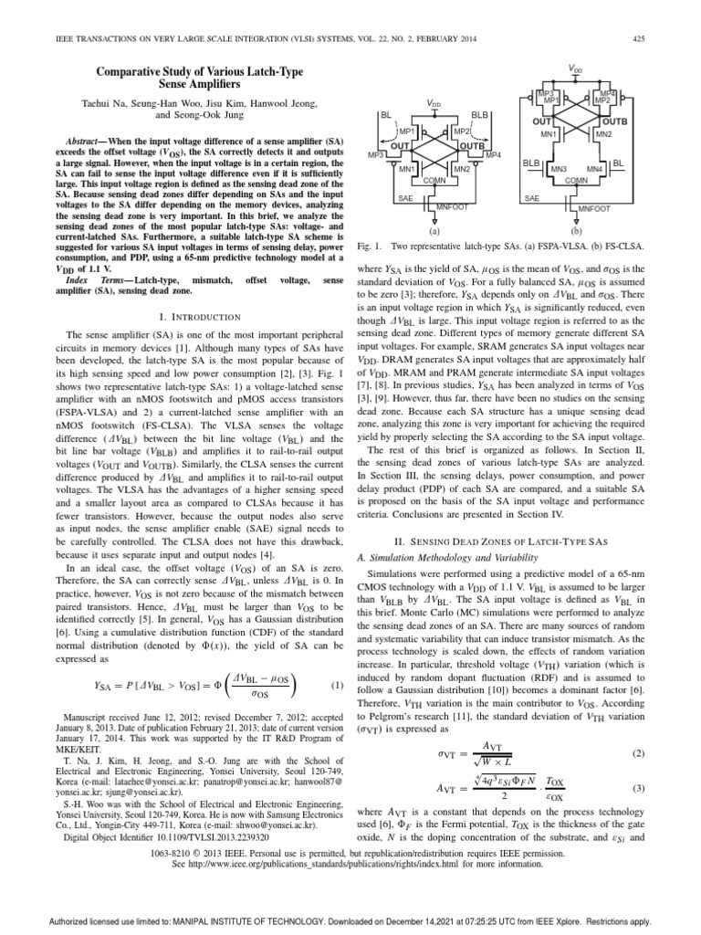 Comparative Study of Various Latch-Type Sense Amplifiers | PDF | Mosfet | Amplifier