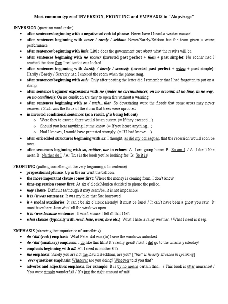 Most Common Types of INVERSION, FRONTING and EMPHASIS in "Alapvizsga ...
