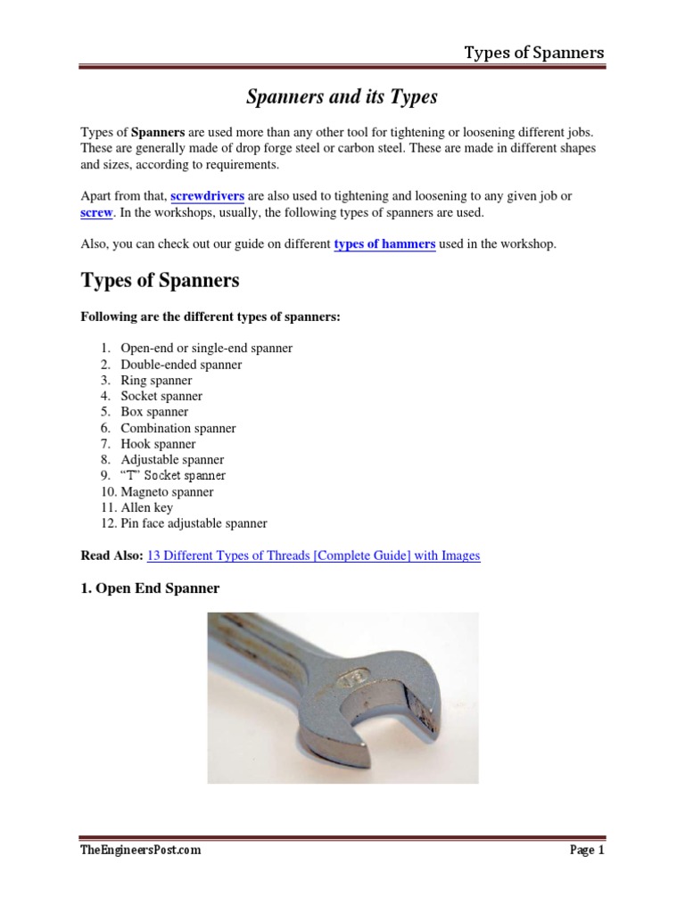 Types of Spanners | PDF | Nut (Hardware) | Screw