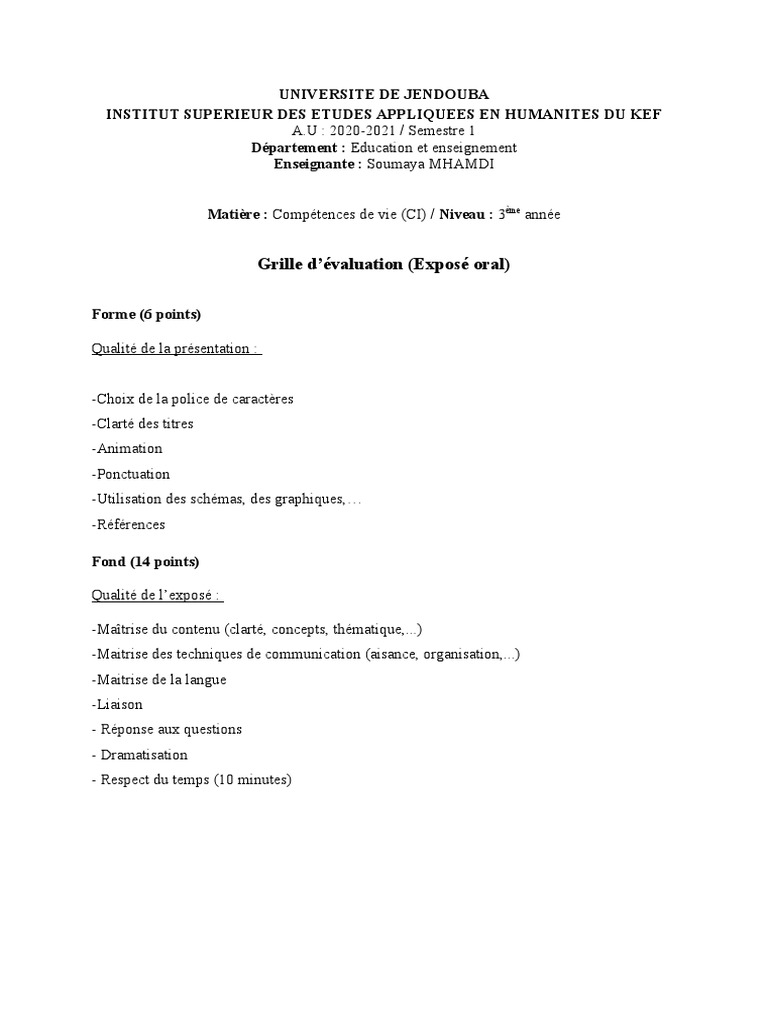 Grille d'évaluation exposé oral 3ème année | PDF | Arts du langage et discipline | Études des ...