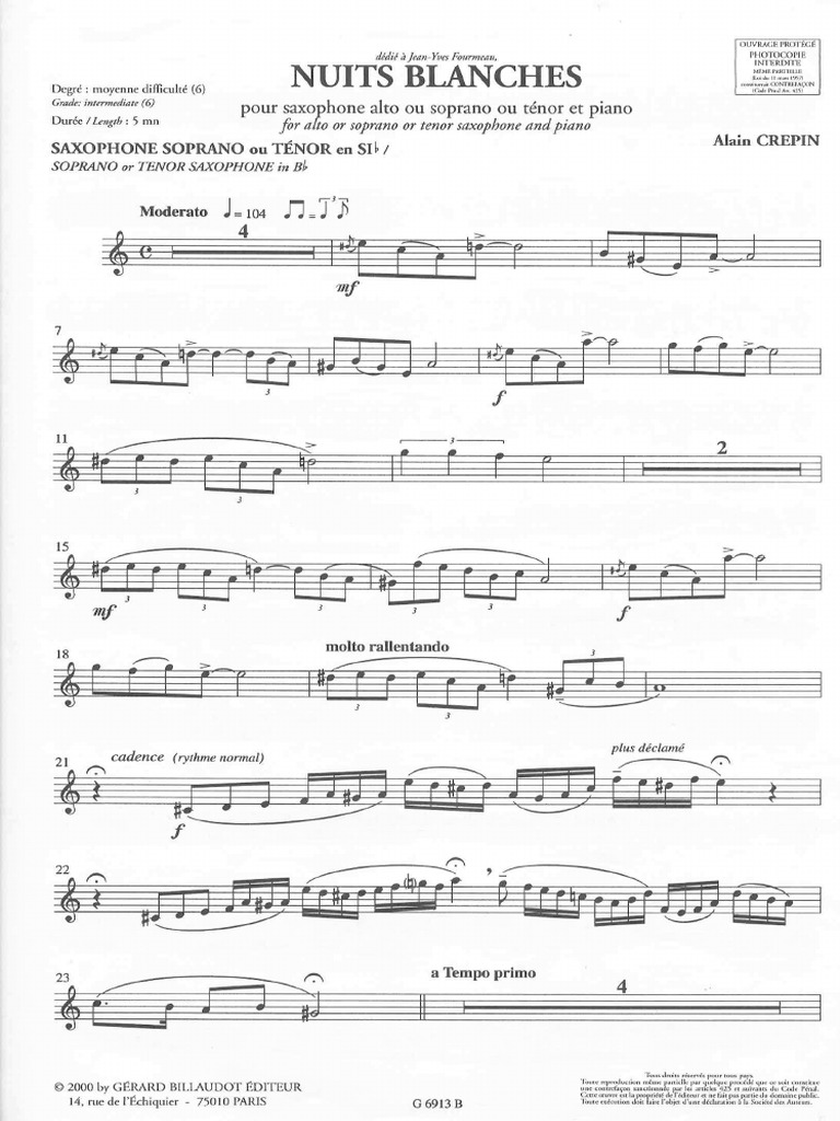 Alain Crepin - Nuit Blanches (SopTenSx - Pno) | PDF