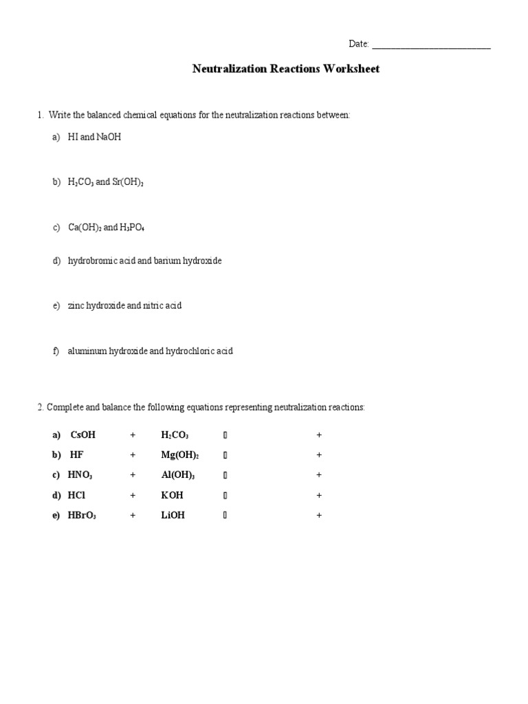 Neutralization Reactions Worksheet: A) Csoh + H Co + B) HF + MG (Oh ...