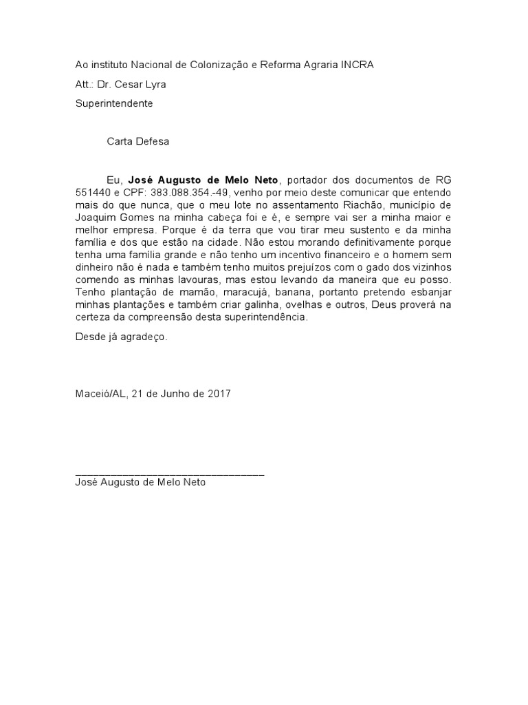Carta Defesa INCRA | PDF