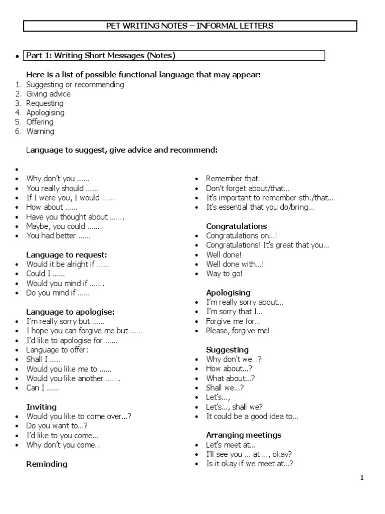 PET Writing Notes - Informal Letter Useful | PDF