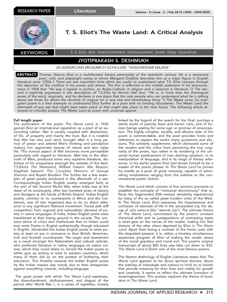 The Wasteland Critical Analysis | PDF | T. S. Eliot | Poetry