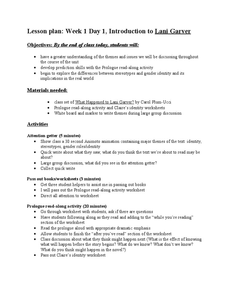 Lani Garver Identity Unity Plan | PDF | Lesson Plan | Poetry