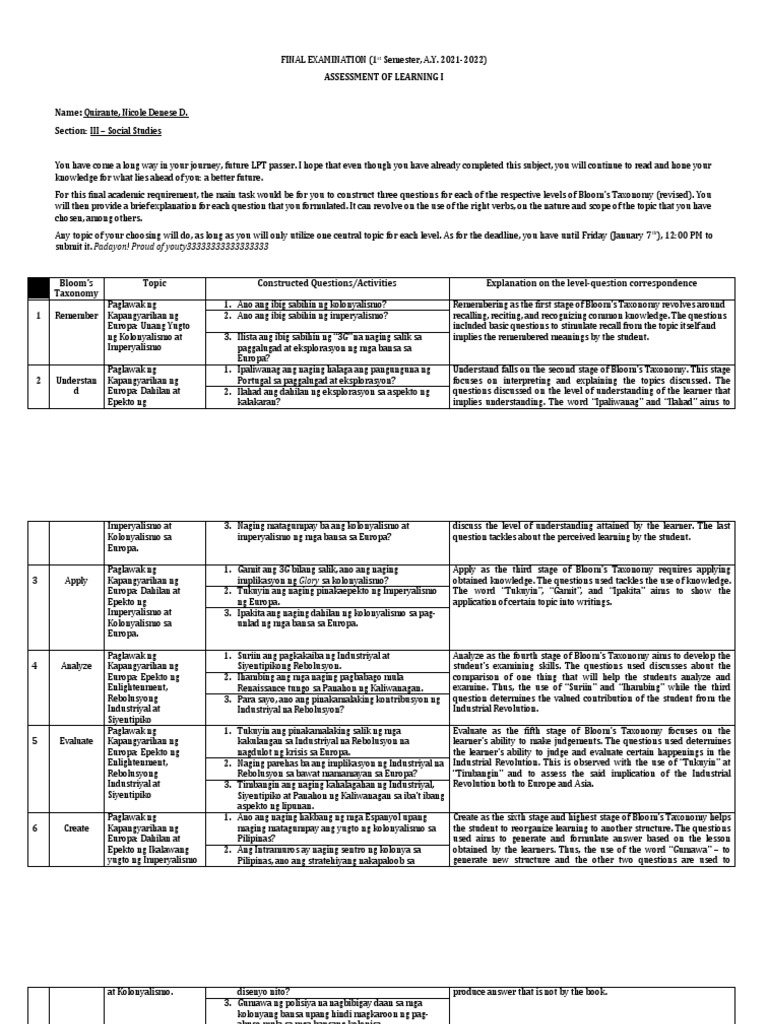 Bloom's Taxonomy Questions for Social Studies | PDF | Cognitive Science ...