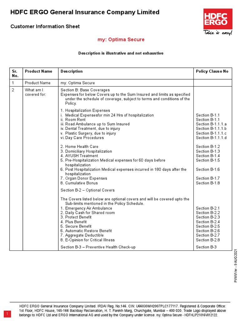 Customer Information Sheet: My: Optima Secure | PDF | Hospital | Patient