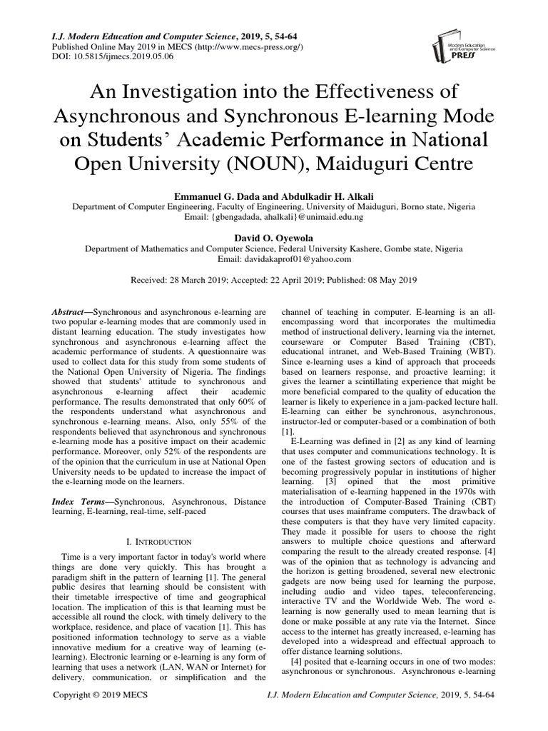 Asynchronous and Synchronous E-Learning Mode On Students Academic Performance | PDF ...