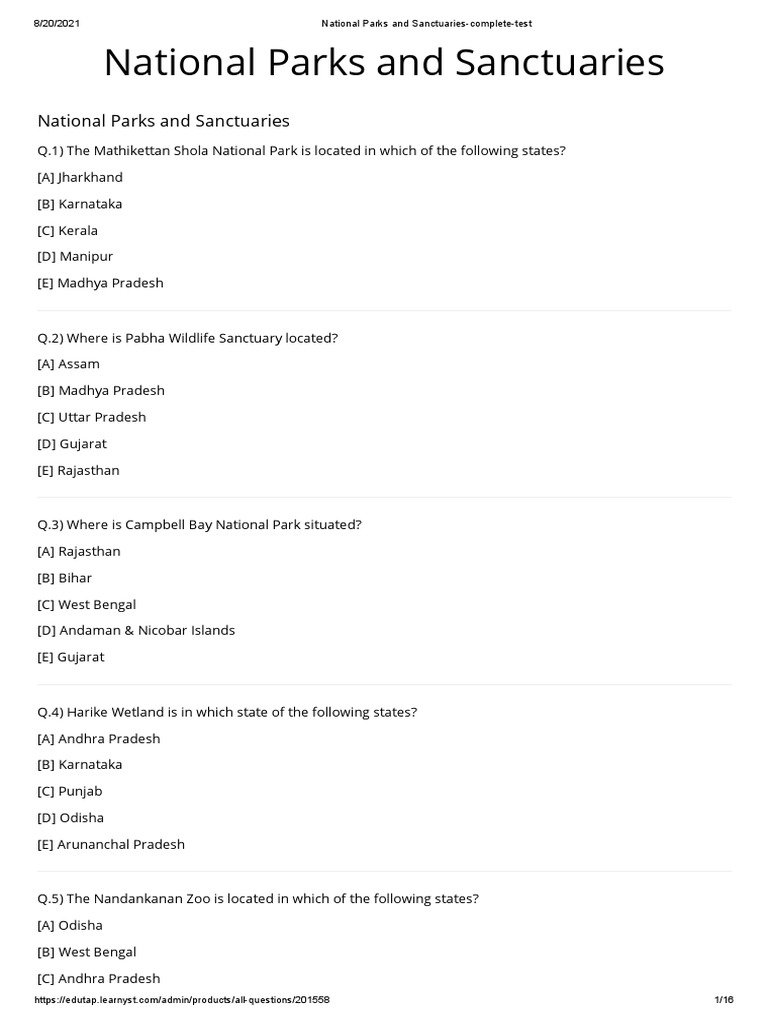 National Parks and Sanctuaries-Complete-Test Lyst5139 | PDF | Natural ...