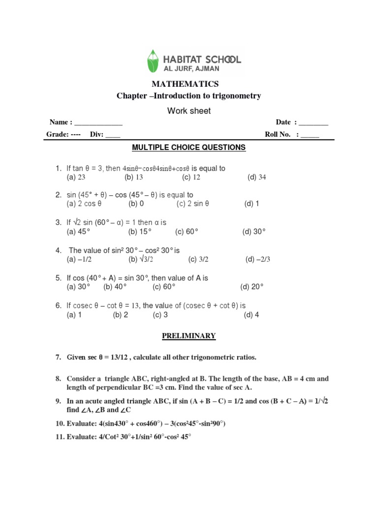 Mathematics Chapter - Introduction To Trigonometry: Work Sheet | PDF ...