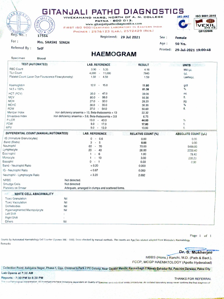 Hemogram Results and Analysis for 50-Year-Old Female Patient | PDF ...