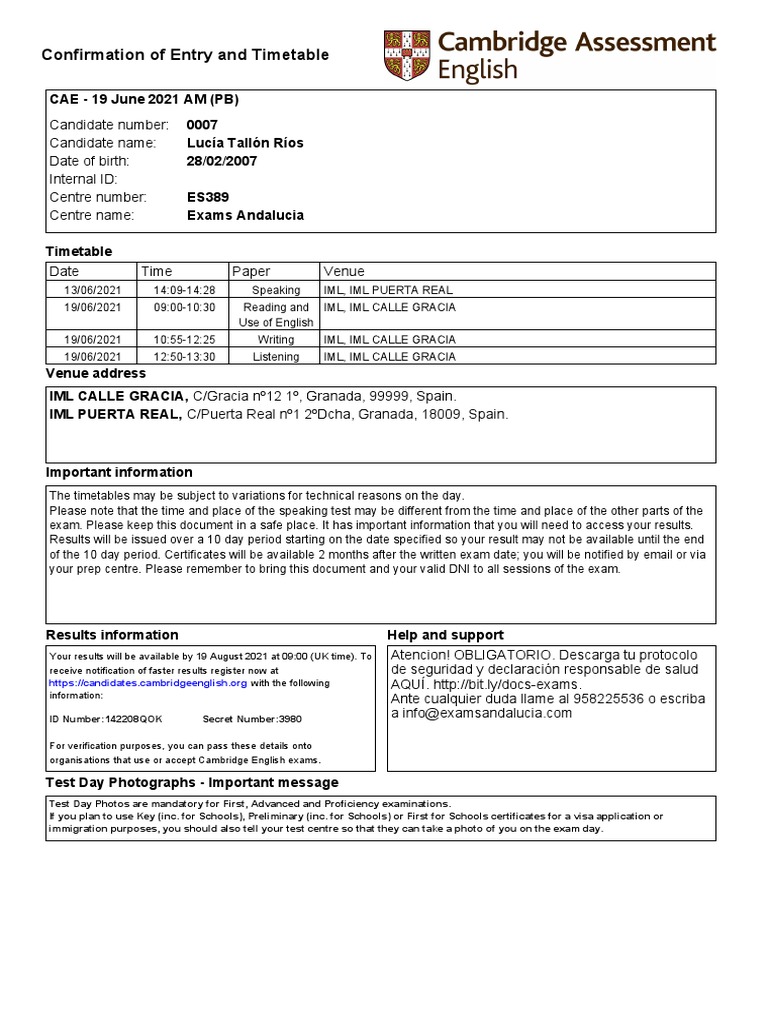 Confirmation of Entry and Timetable | PDF