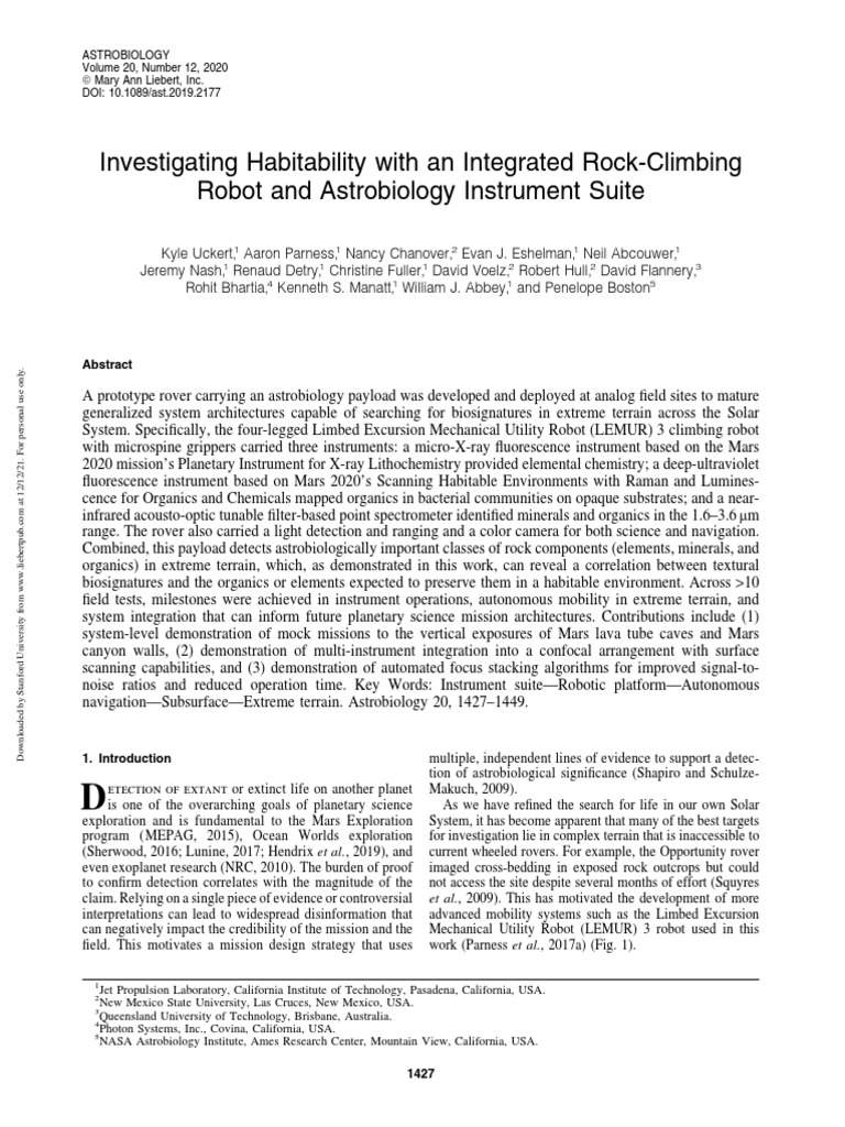 Investigating Habitability With An Integrated Rock-Climbing Robot and ...
