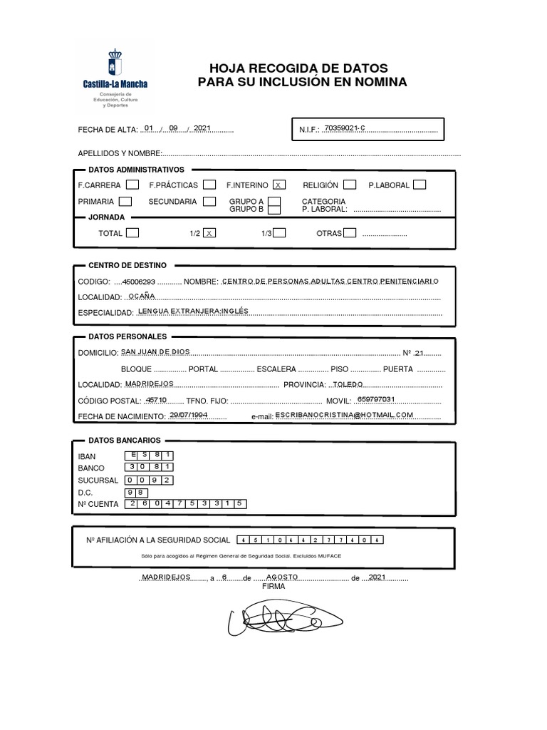 Hoja Recogida De Datos Pdf 4021