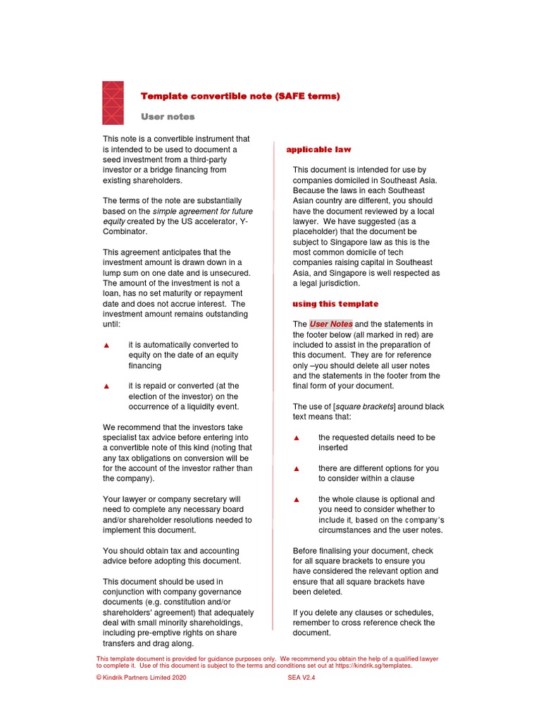 User Notes: Template Convertible Note (SAFE Terms) | PDF | Stocks ...