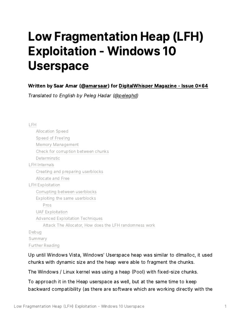 Low Fragmentation Heap Lfh Exploitation Windows 10 Userspace By 