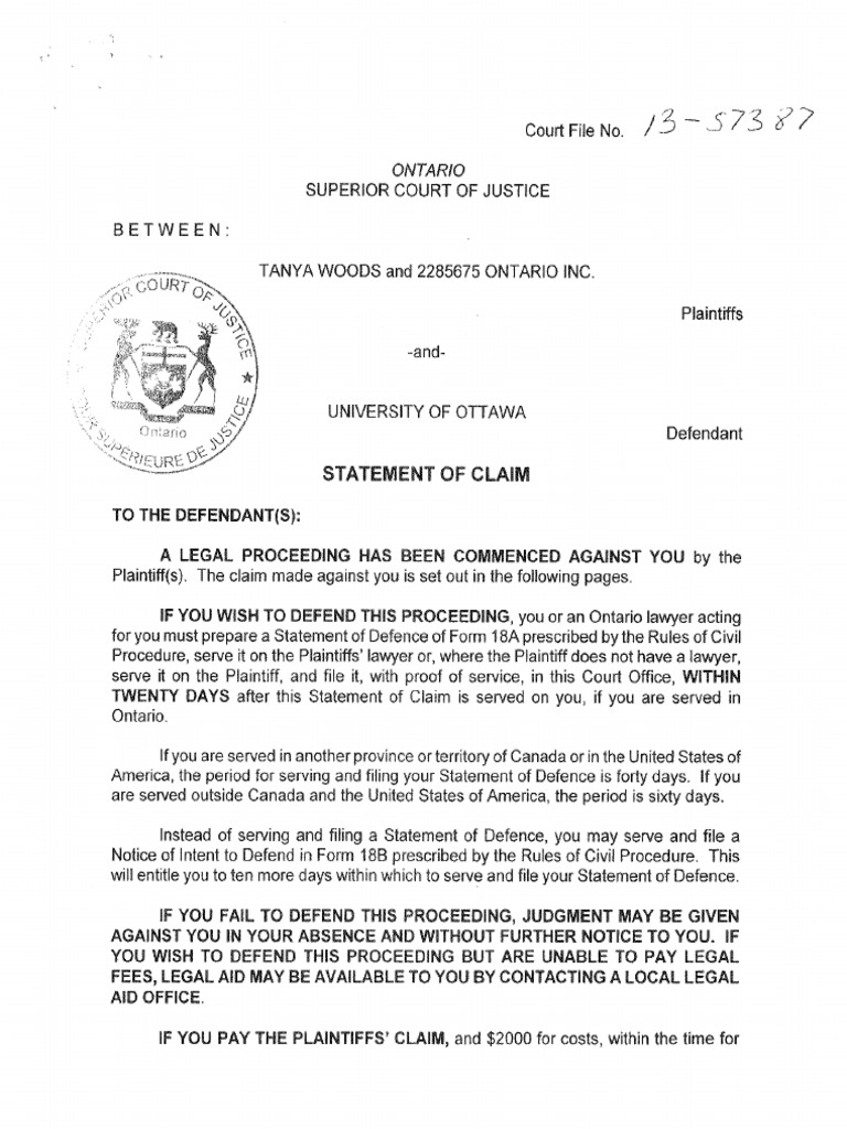 Woods Statement of Claim (With Court Stamp) - SCANNED | PDF