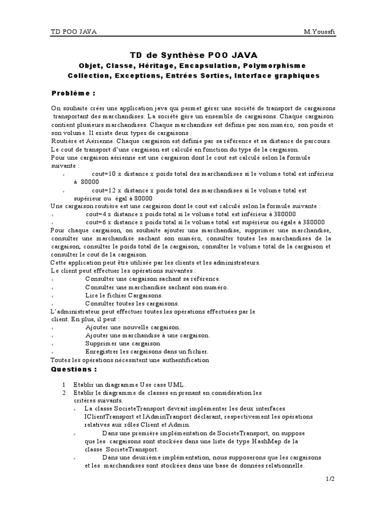 TD de Synthese Poo Java Cargaisons | PDF | Java (Langage de programmation) | Programmation ...