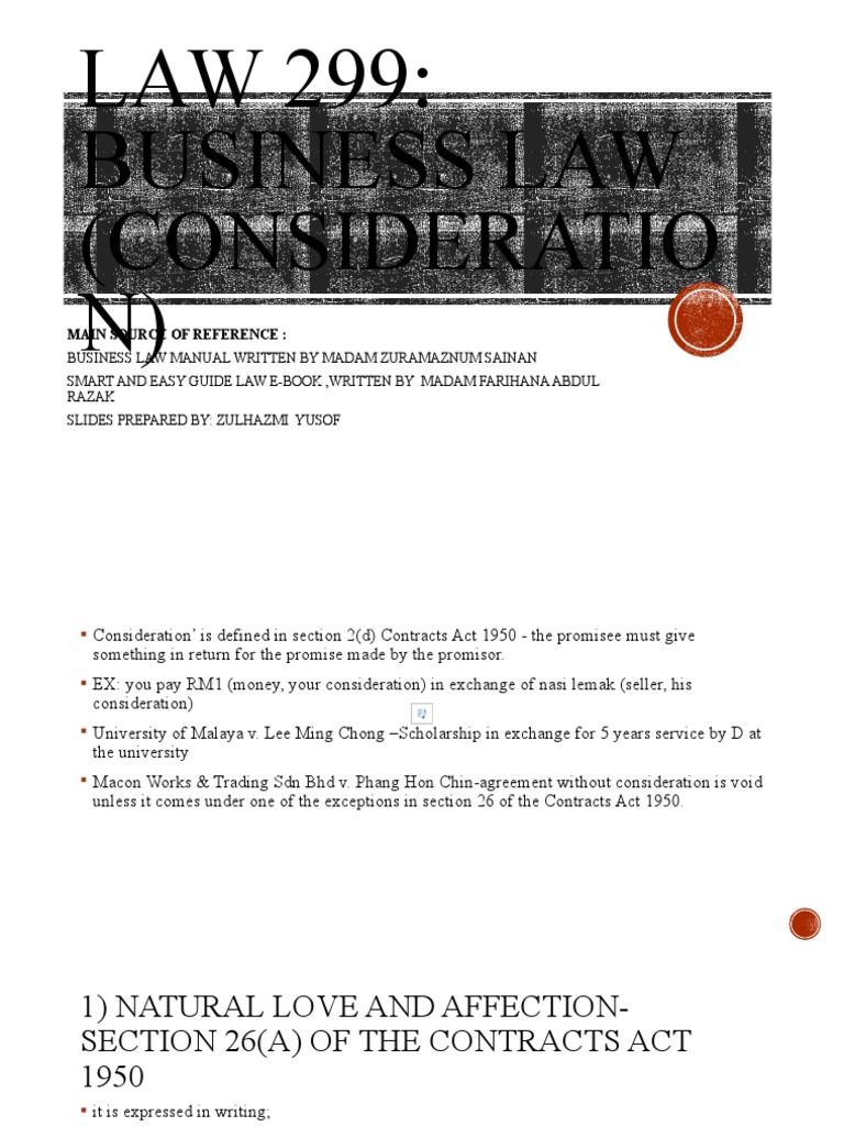 LAW 299: Business Law (Consideratio N) : Main Source of Reference | PDF ...
