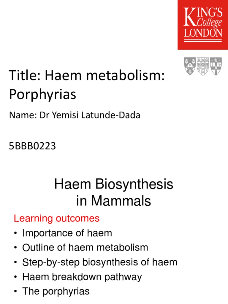 Title: Haem Metabolism: Porphyrias: Name: DR Yemisi Latunde-Dada | PDF ...