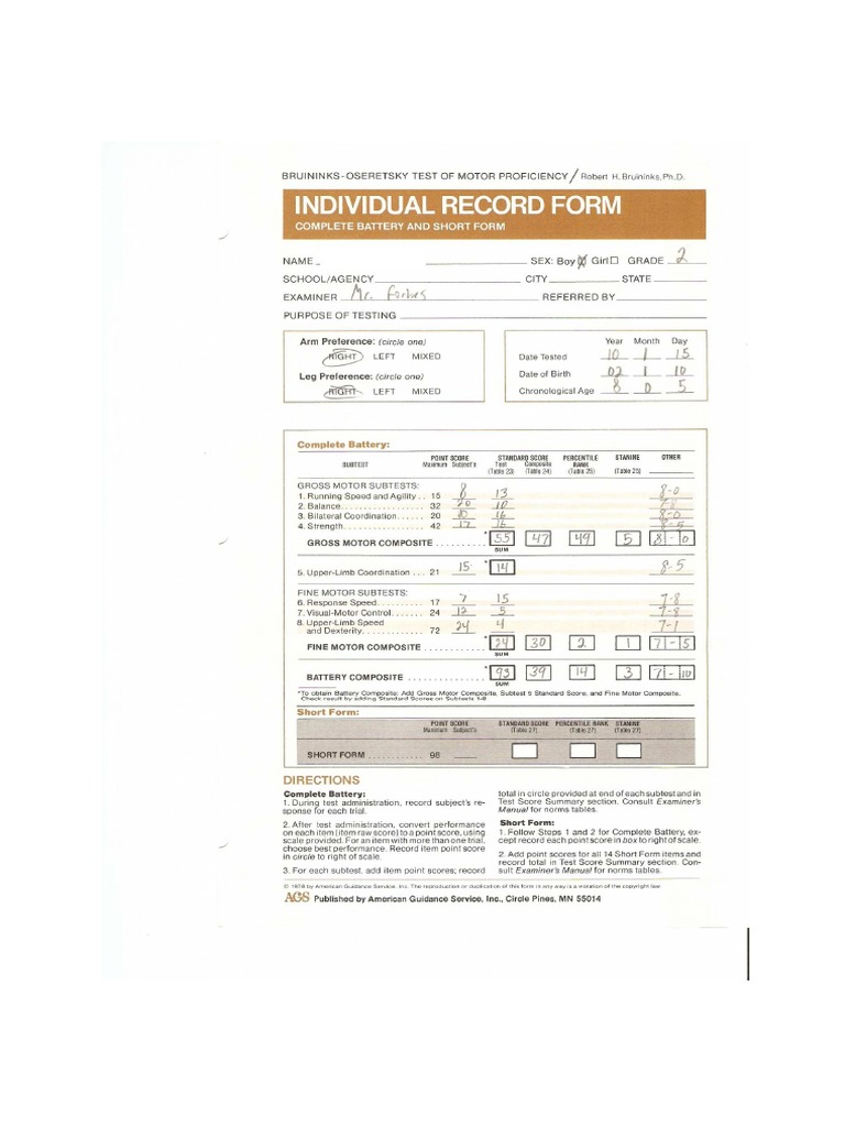 Bruininks-Oseretsky Test of Motor Proficiency | PDF