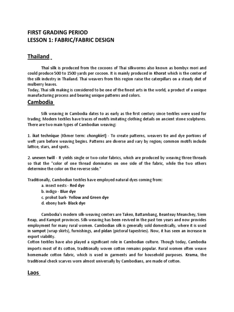 First Grading Period Lesson 1: Fabric/Fabric Design Thailand | PDF ...