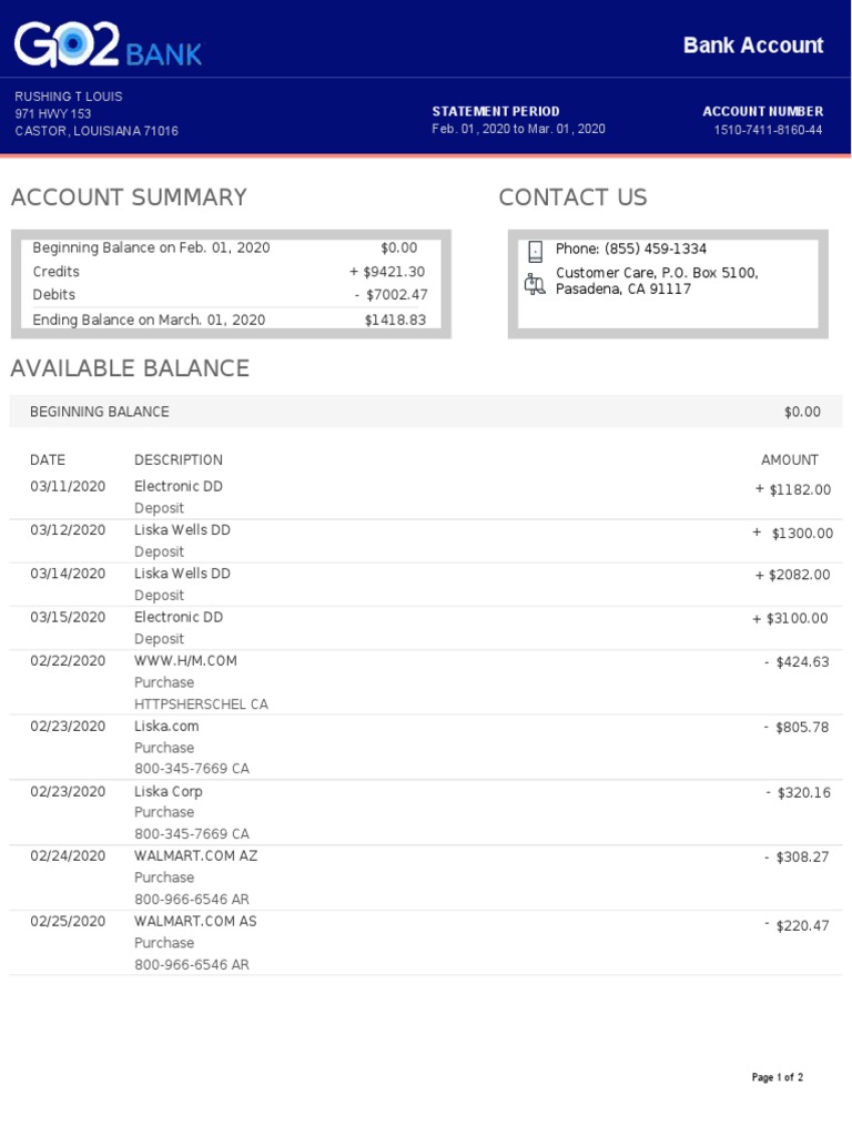 Kacee Go2bank Statement | PDF | Deposit Account | Receipt