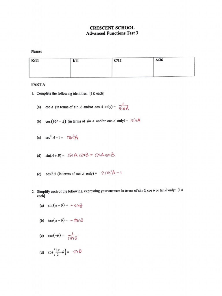 Crescent School Advanced Functions Test 3: Name | PDF | Trigonometric ...