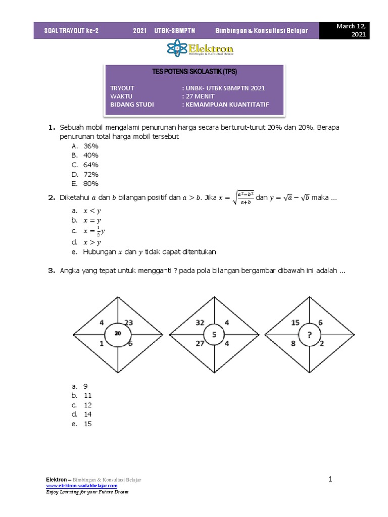 Soal Try Out Ke 2 Tps Kemampuan Kuantitatif Bimbel Elektron | PDF