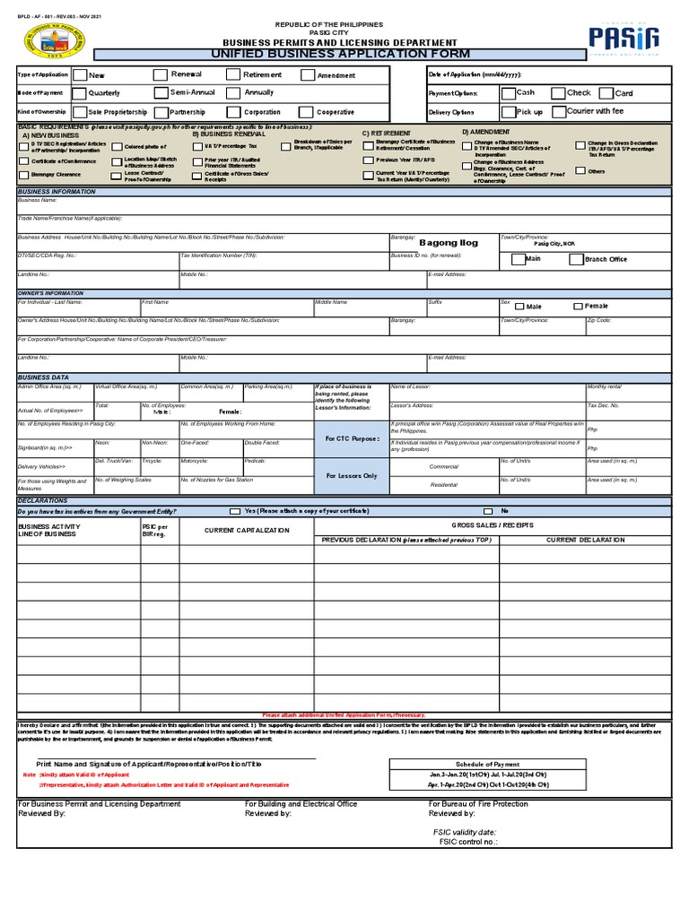 Unified Business Application Form: Business Permits and Licensing ...