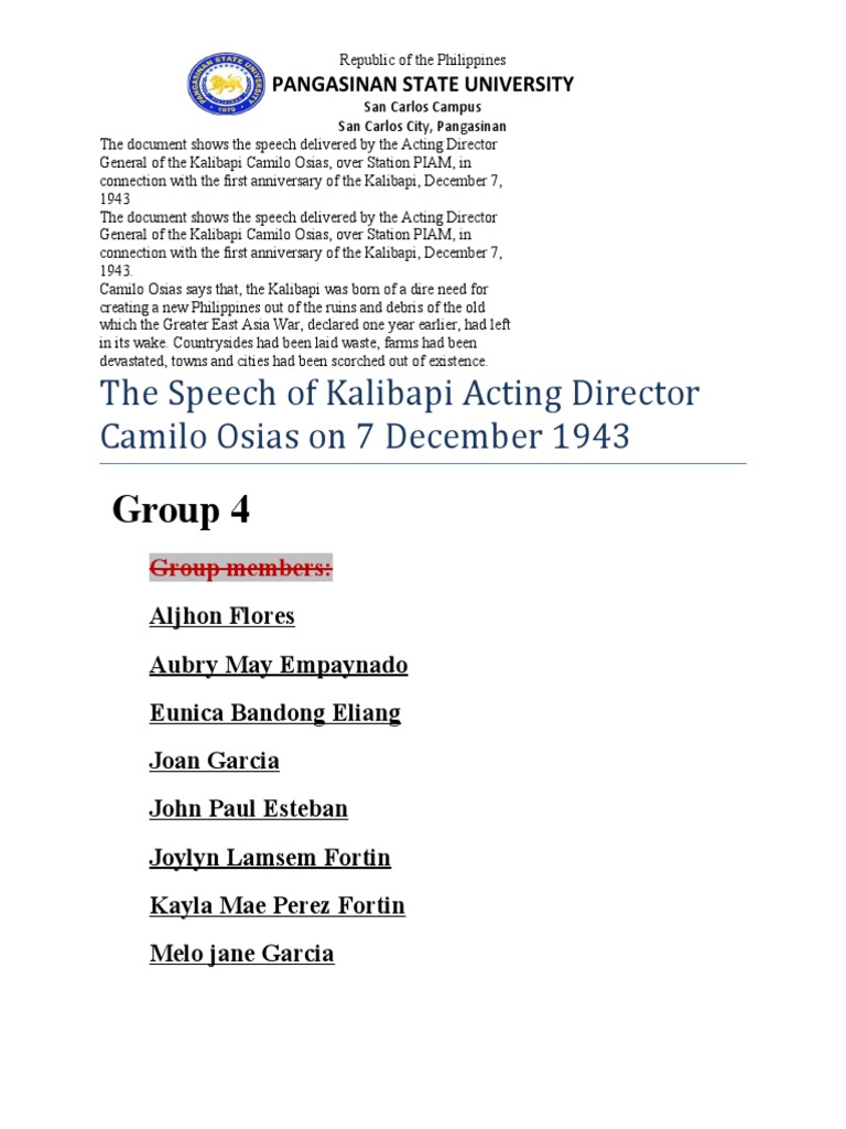 The Speech of Kalibapi Acting Director Camilo Osias On 7 December 1943 ...