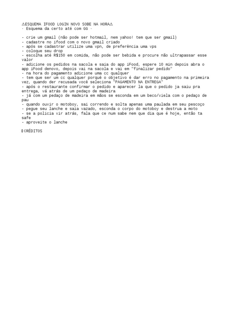 Esquema Ifood Indo Na GG e CC Visa Bradesco | PDF