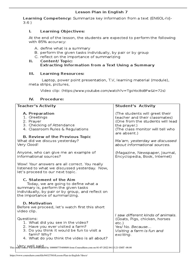 Lesson Plan in English 7 | PDF | Lesson Plan | Teachers