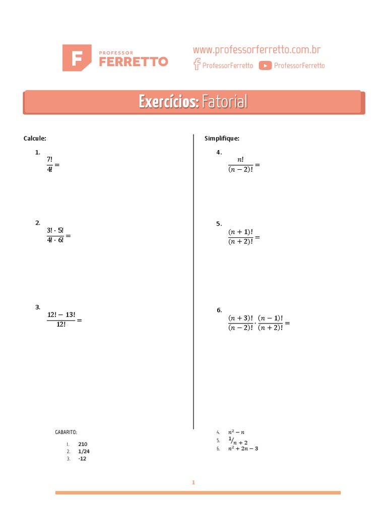 Análise Combinatória - FATORIAL - Exercícios | PDF