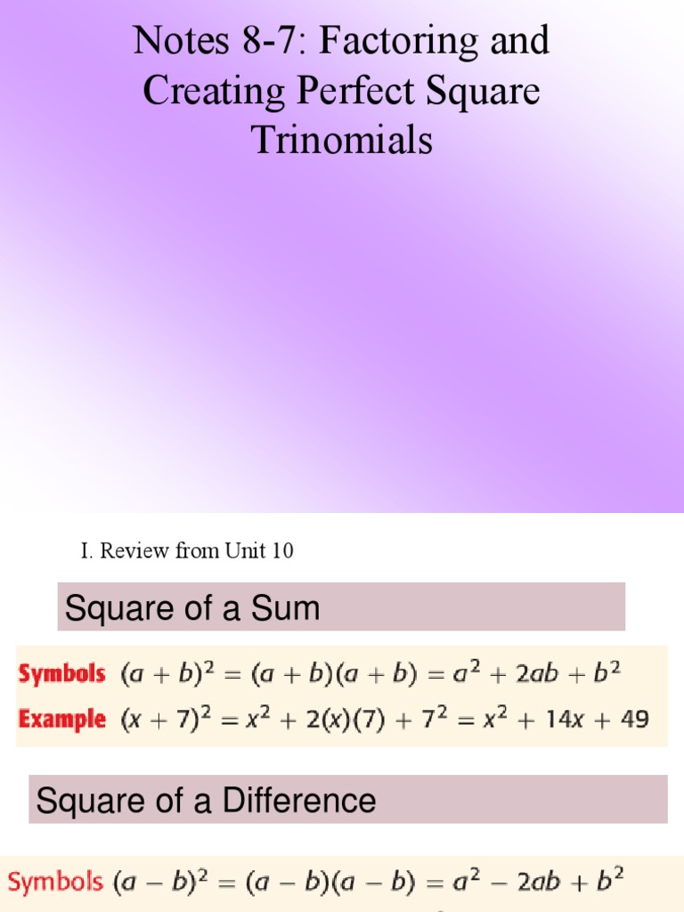 Factoring and Creating Perfect Square Trinomials | PDF | Applied ...